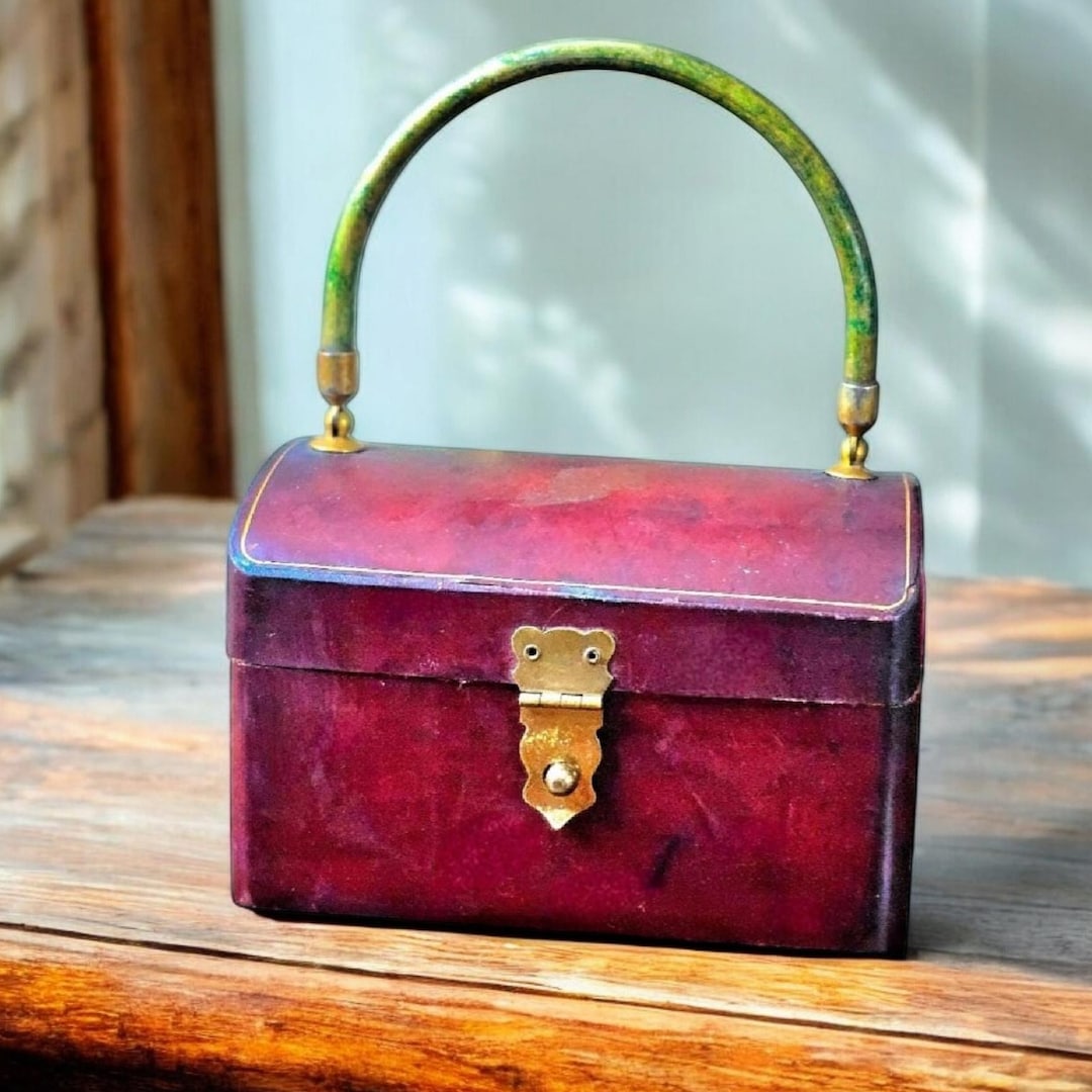 Antique Train Case Handbag With Brass Handle, Top Handle Bag Box Purse ...