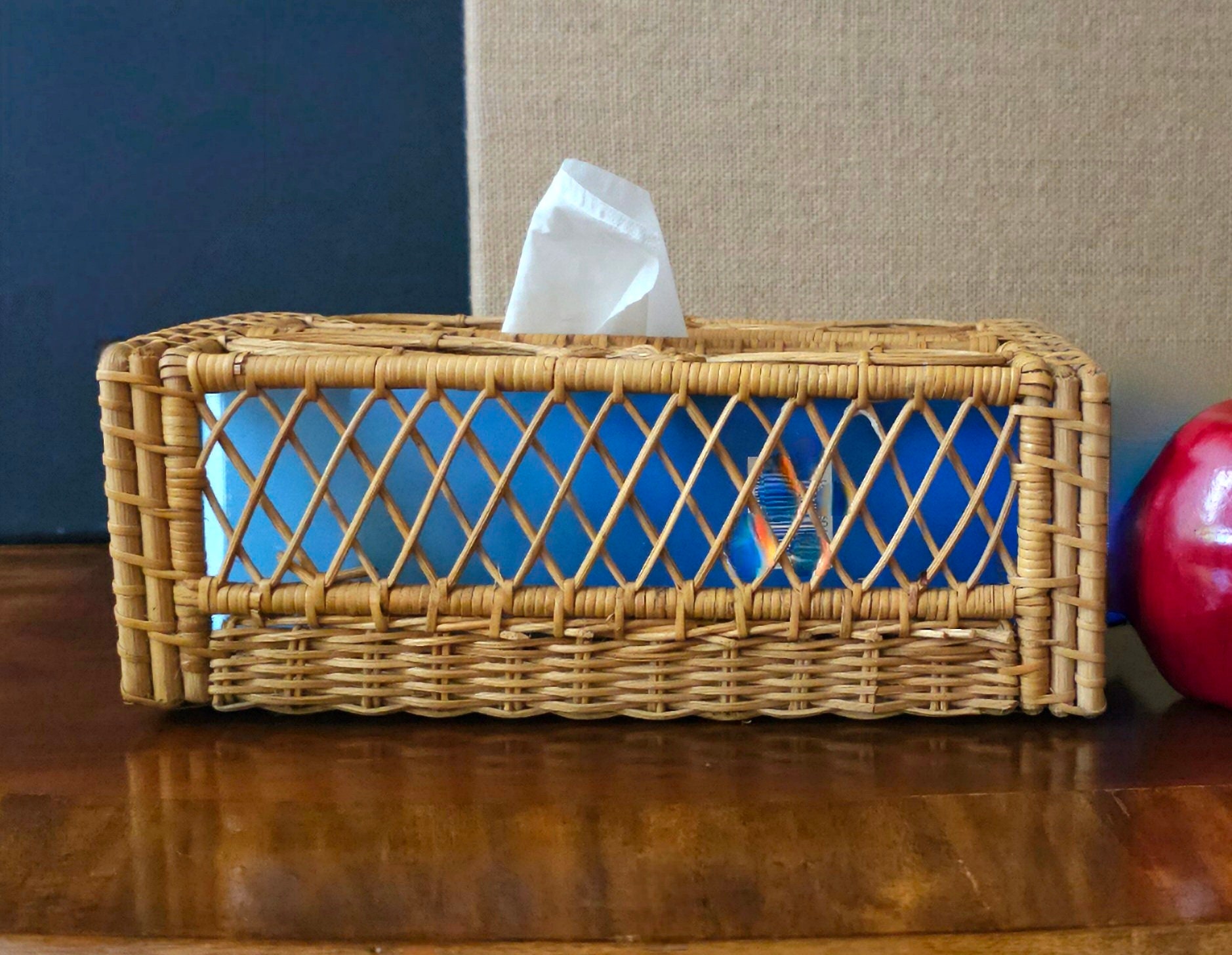 Vintage Woven Wicker Tissue Box Cover MCM Boho Natural Rattan Organizer ...