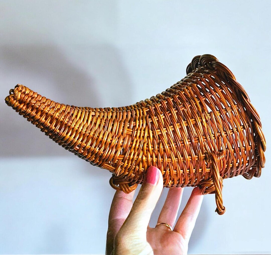 9.5" Wicker Rattan Cornucopia Basket Woven Ball Feet and Hanging Loop ...