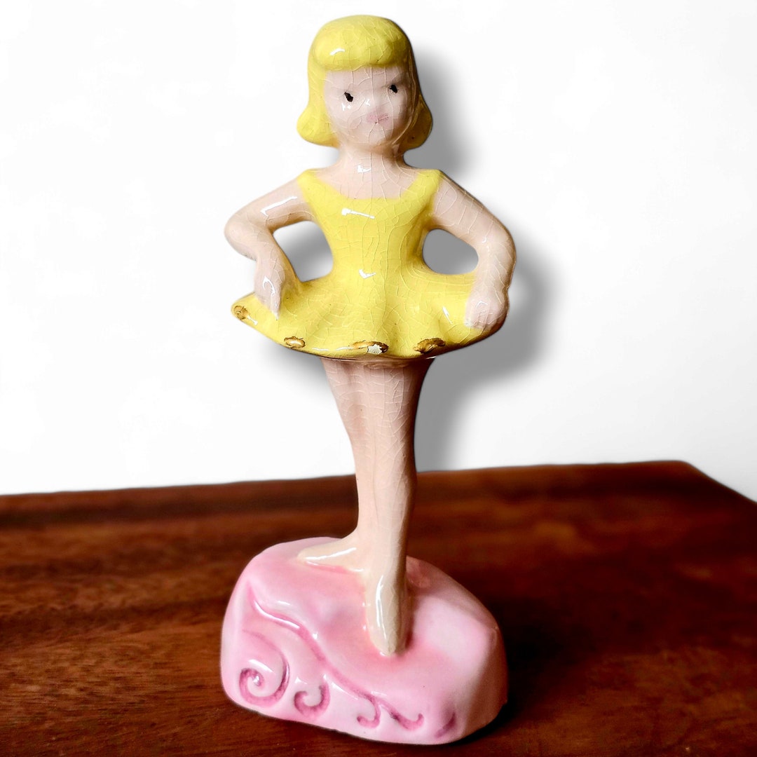 Mid Century Ballerina Figurine Dancing Girl Yellow Pink Beige Pottery ...