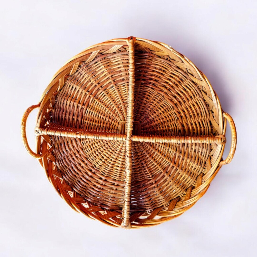 Vintage Large Round Woven Wicker Circle Tray Divided Sectioned Basket ...