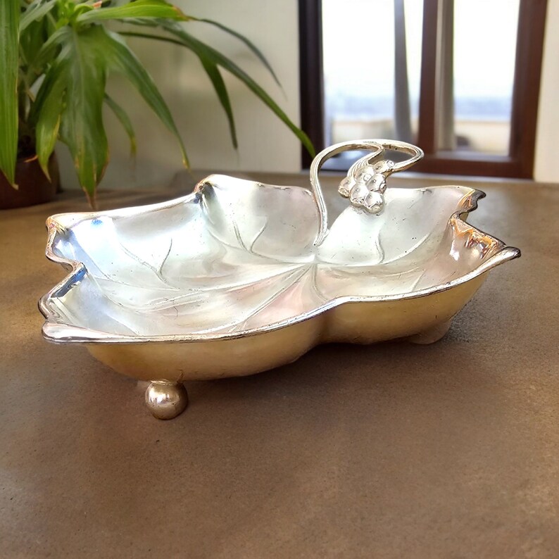 Vintage Grape Leaf Shaped Silverplate Footed Trinket or Candy Dish ...