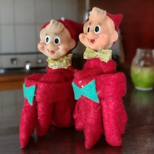 TWO 1950's Small Vintage Goofy Elf Shelf Sitters Ceramic Heads Fabric ...