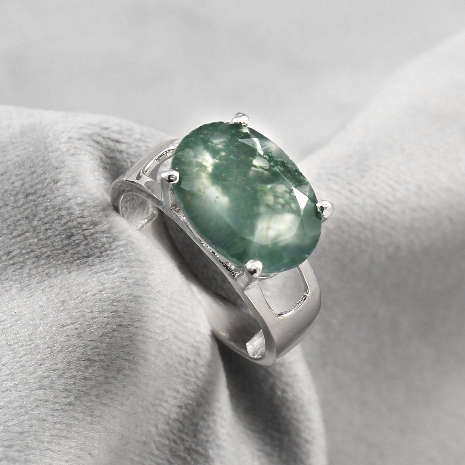 Anillo ovalado de ágata musgosa, plata de ley 925, anillo solitario ...