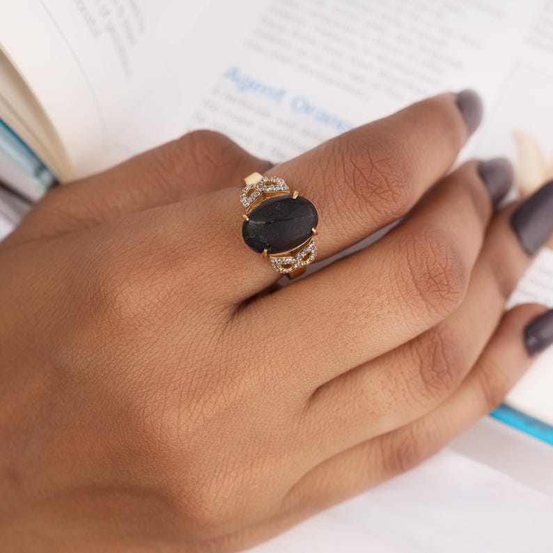 Oval Shungite Ring, 925 Sterling Silver Statement Ring, Natural Black ...