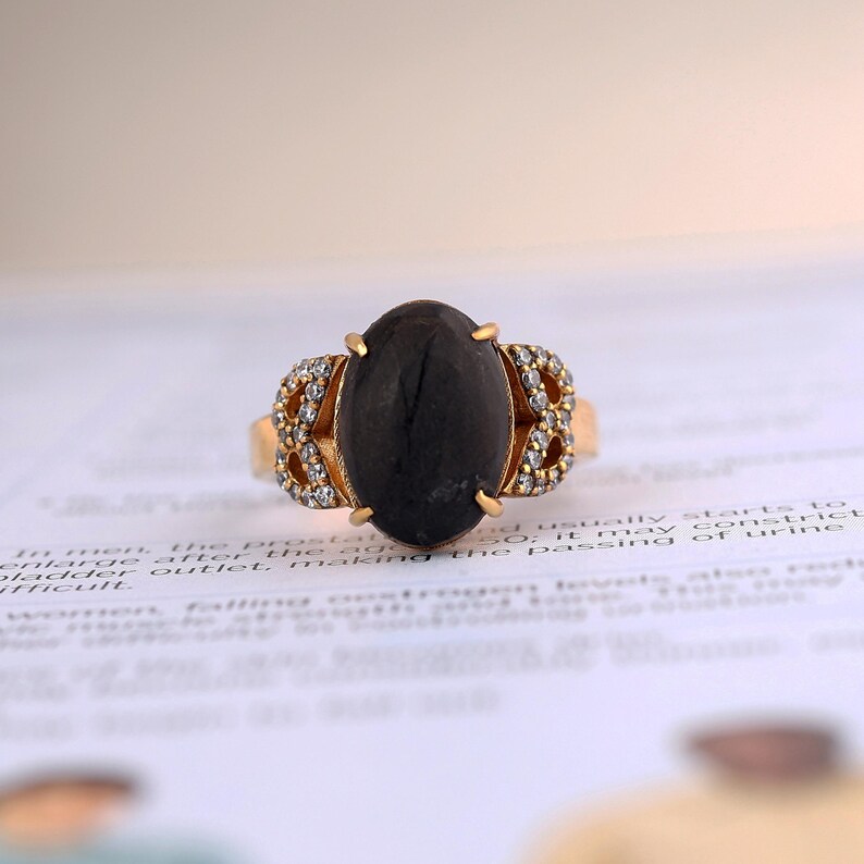 Oval Shungite Ring, 925 Sterling Silver Statement Ring, Natural Black ...