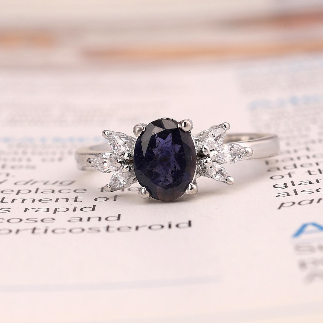 Oval Iolite Engagement Ring, Vintage Leaf Cluster Ring, 925 Sterling ...