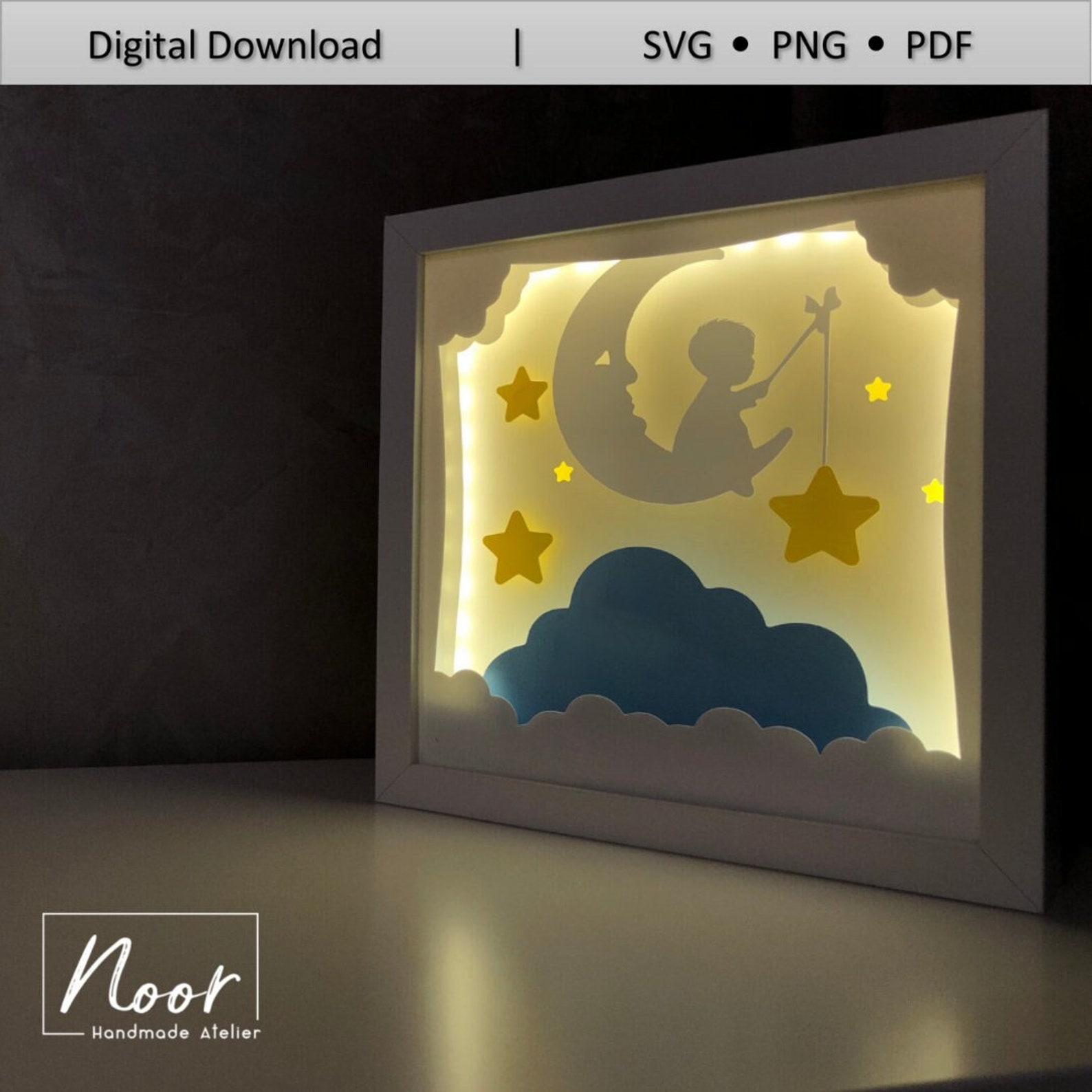 Boy on Moon Paper Cut Light Box Template: DIY Shadow Box SVG (digital ...