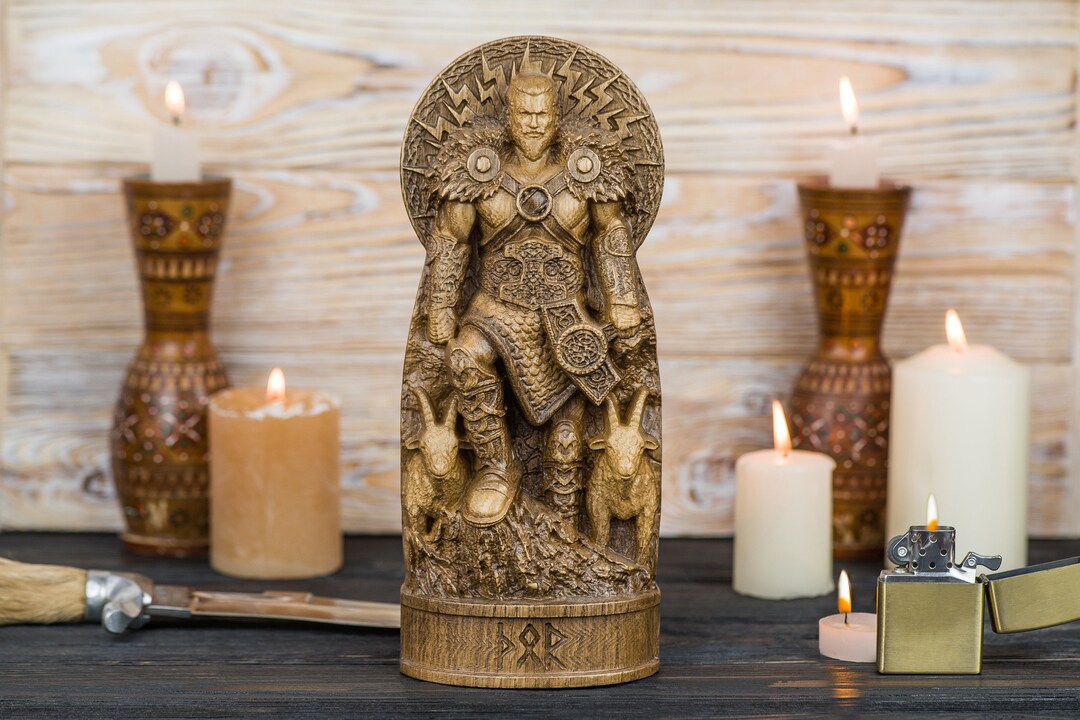 Thor Wood Statue Norse God Thor Figurine Wiccan Altar Statuette 9 Inch ...