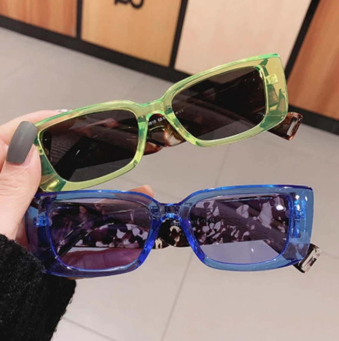 Rectangular Tortoise Shell Color Block Sunglasses Vintage Womens ...