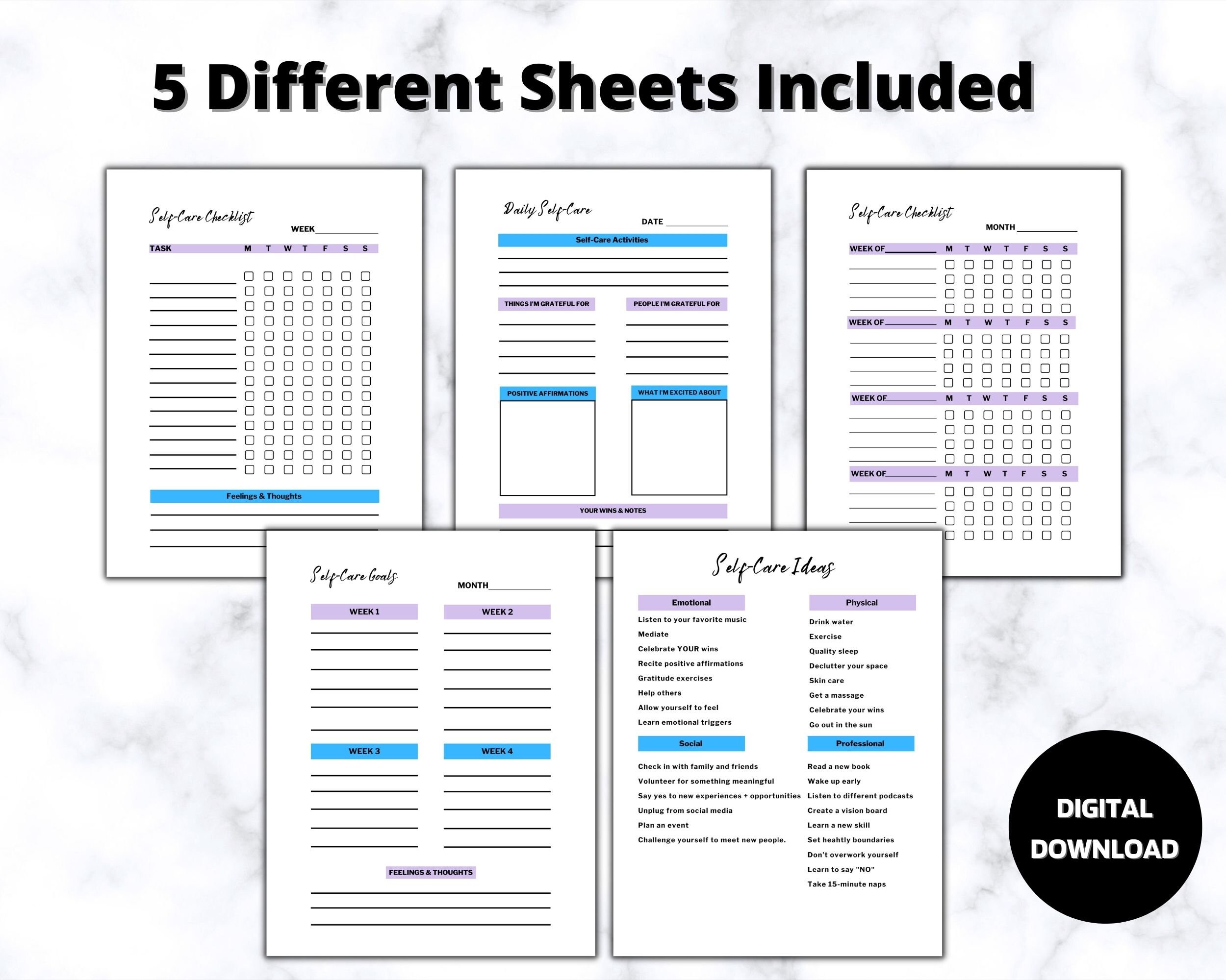 5 Pack Self-care Planner Checklist for Mental Health & Wellness, Dailey ...