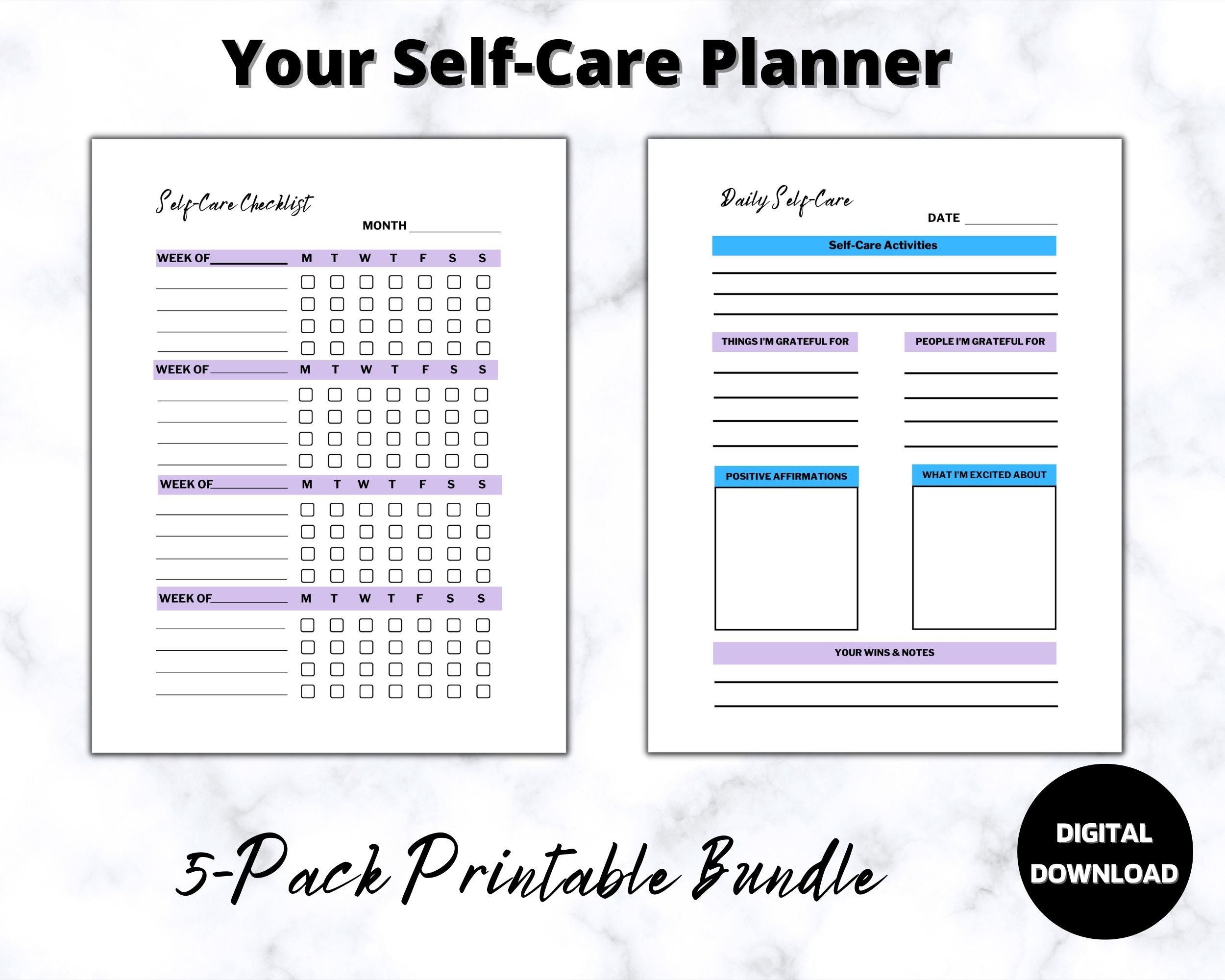 5 Pack Self-care Planner Checklist for Mental Health & Wellness, Dailey ...