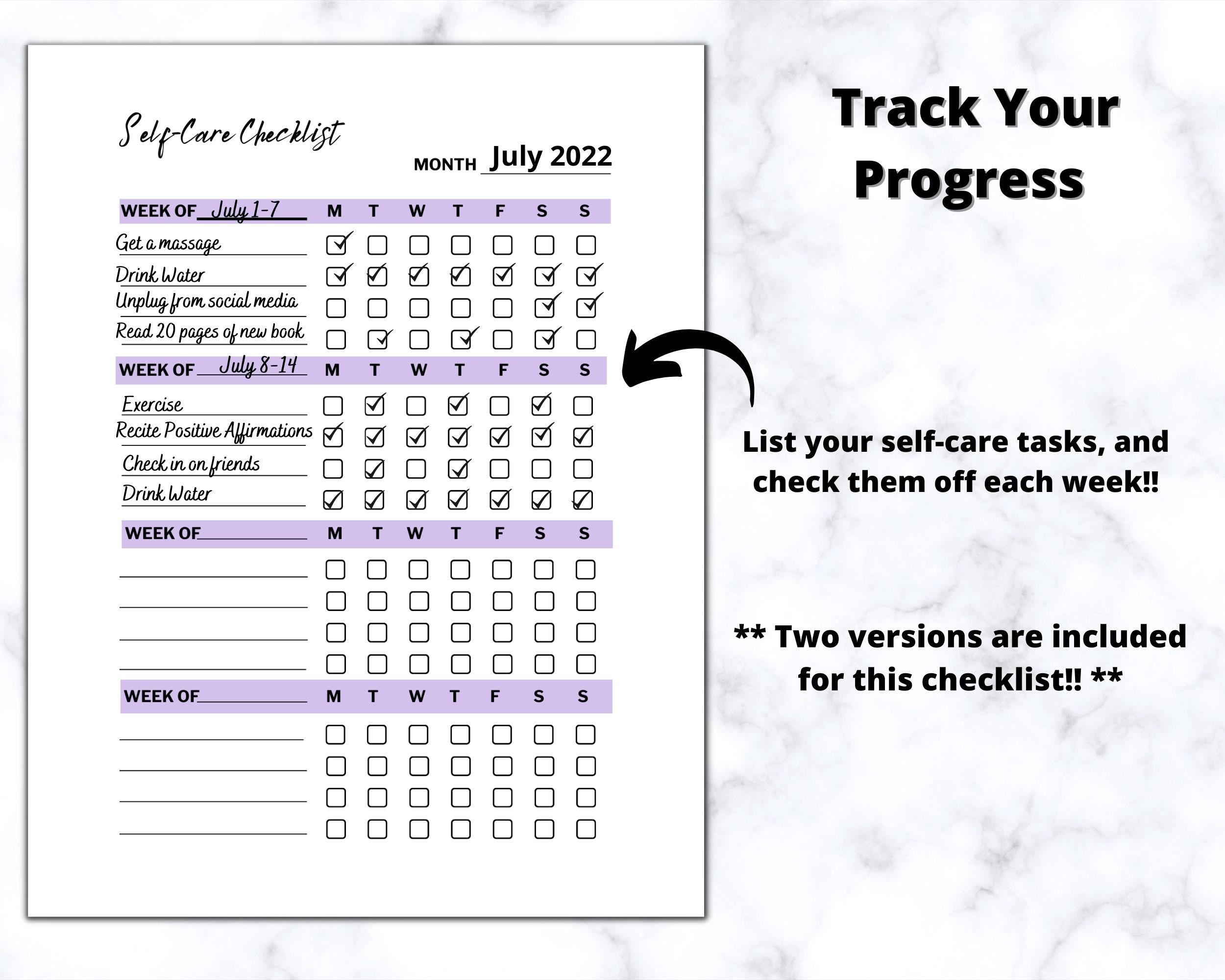 5 Pack Self-care Planner Checklist for Mental Health & Wellness, Dailey ...