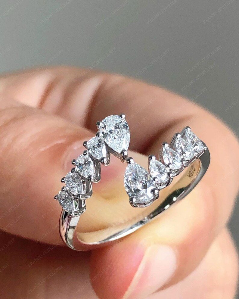 3CT Pear Cut Moissanite Engagement Ring Band Unique Ring Half Eternity ...