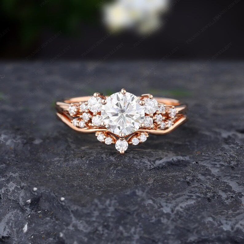 Engagement Ring Set Round Cut Moissanite Diamond Ring With Curved ...