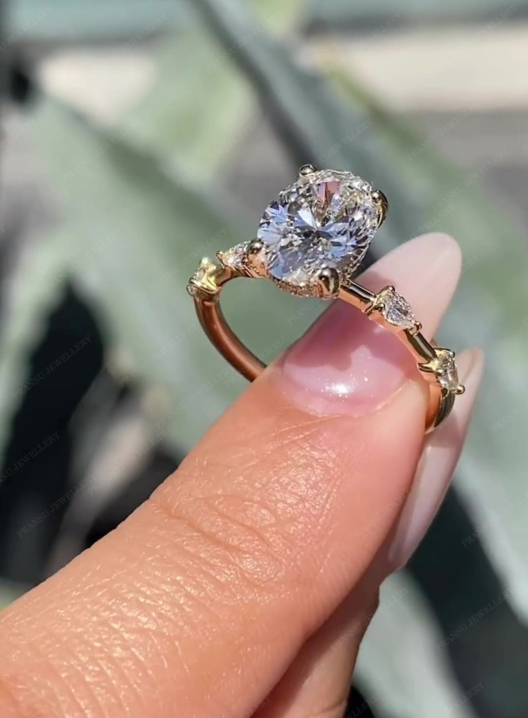 2CT Oval Moissanite Engagement Ring 14K Solid White Gold Pear Spaced ...