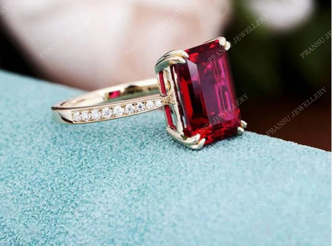 3.5ct Emerald Cut Red Lab-ruby Engagement Ring Birth Stone Wedding Ring ...