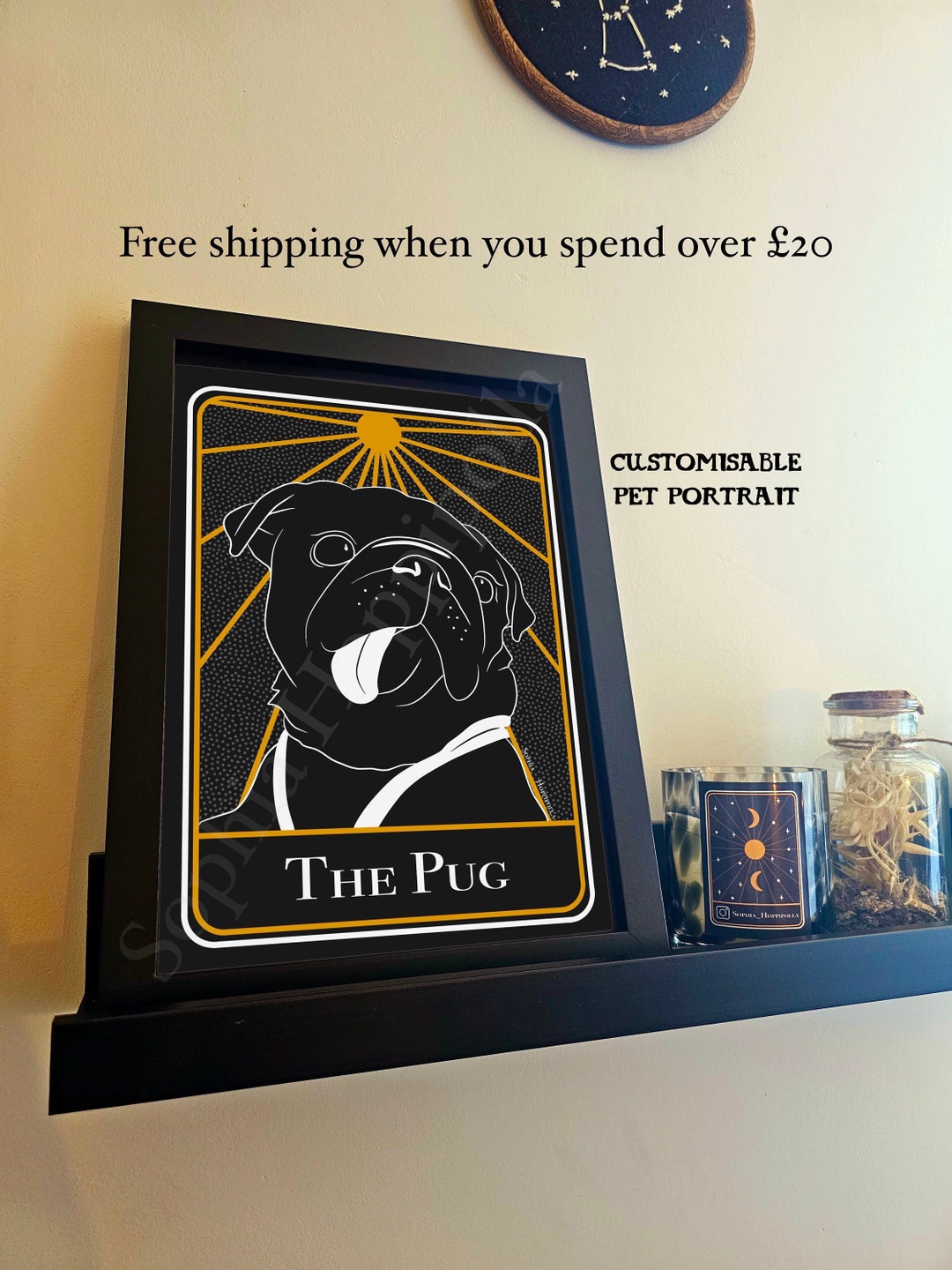 Customisable Pug Portrait Tarot Card Print Houseware Gift Pet Owner ...