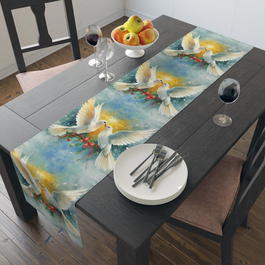 Holy Spirit Doves Christmas Table Runner Cotton Poly | Blue White ...