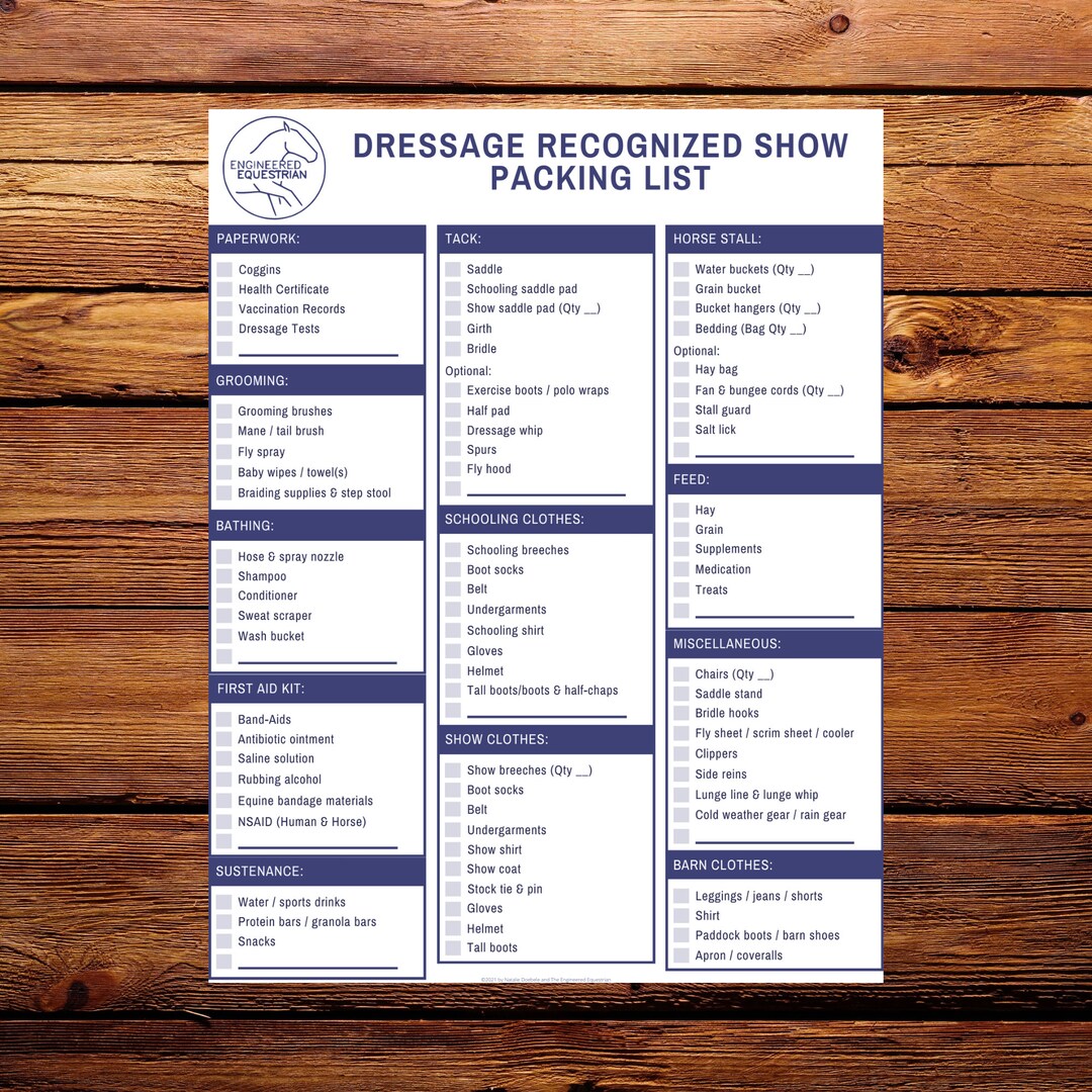 Dressage Recognized Show Packing List - Horse Show Packing List - Etsy