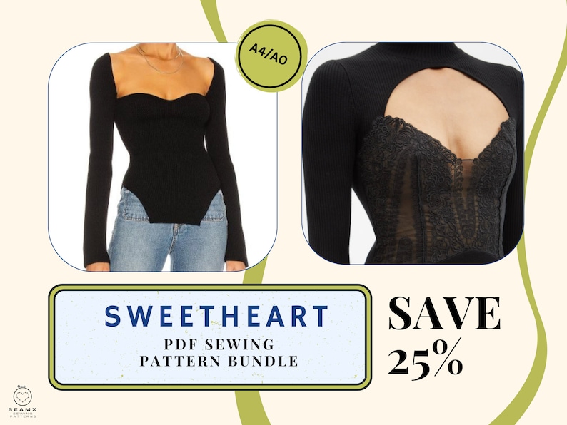 PDF Sewing Pattern Bundle: Sweetheart Queen Anne Neckline Square Neck Longsleeve Top Keyhole Cut ...