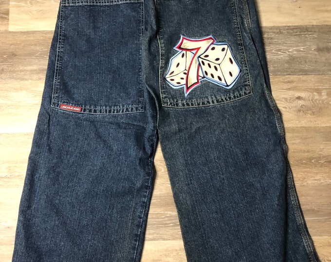 Vintage 90s JNCO Baggy Wide Leg Denim Jeans Lucky 7 and Dice Leather ...