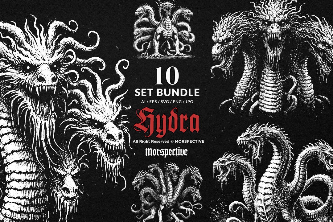 10 Bundle Dark Art Hydra Head Dragon Snakes Monster Mystical Creature ...