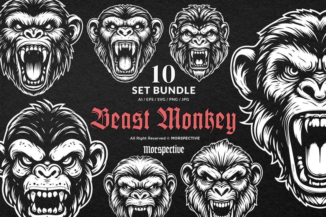 10 Bundle Dark Art Angry Beast Monkey Head With Sharp Fang Black White ...