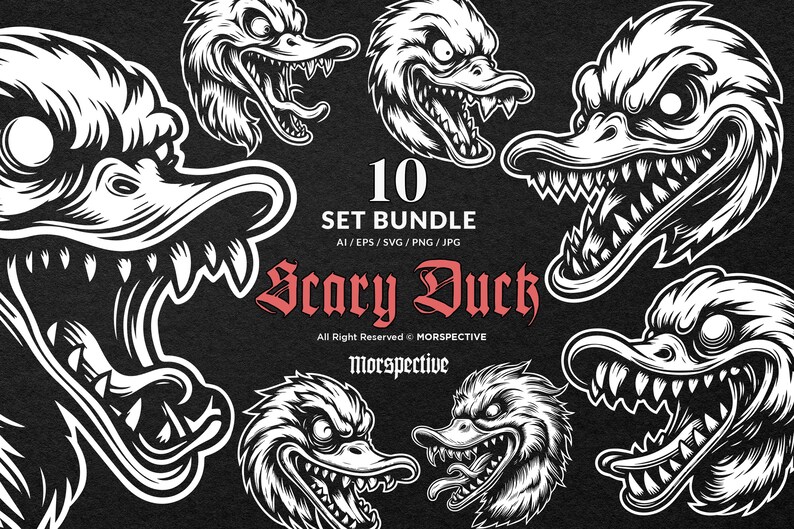 10 Bundle Dark Art Angry Scary Duck Head With Sharp Teeth Black White ...