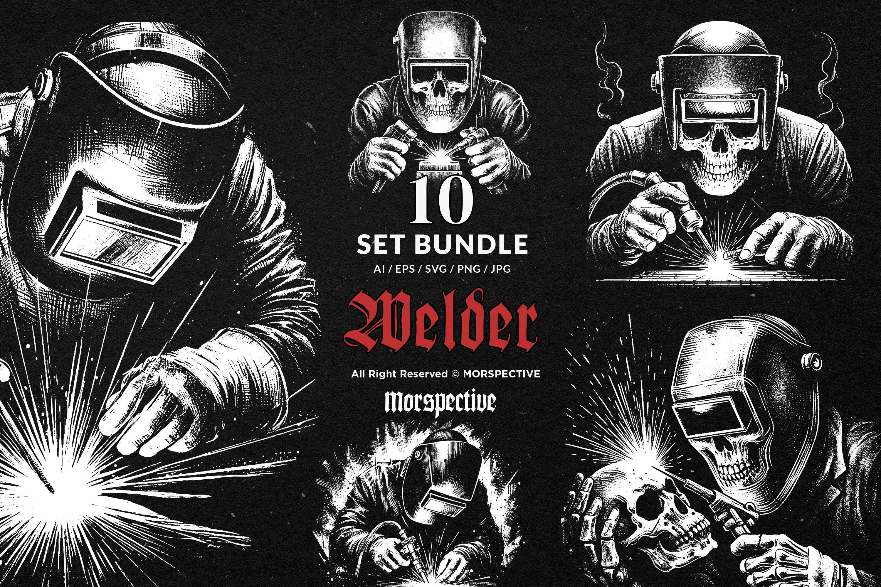 10 Bundle Dark Art Skull Welder Fire Iron Worker Devil Hand Drawn ...