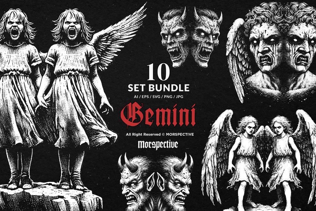 10 Bundle Dark Art Gemini Symbol Twin Zodiac Skull Demon Angel Gothic ...