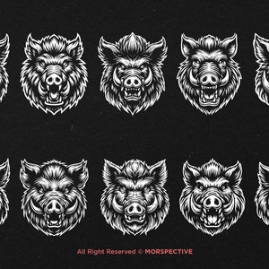 10 Bundle Dark Art Scary Wild Boar Head Black and White Illustration ...