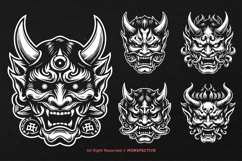 10 Bundle Dark Art Scary Japanese Hannya Mask Black White Illustration ...