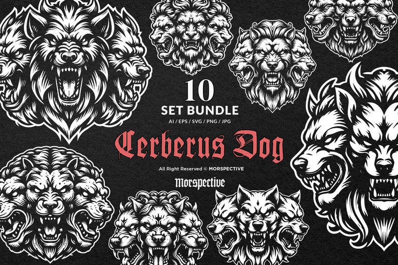 10 Bundle Dark Art Cerberus Dog Head Black and White Illustration ...
