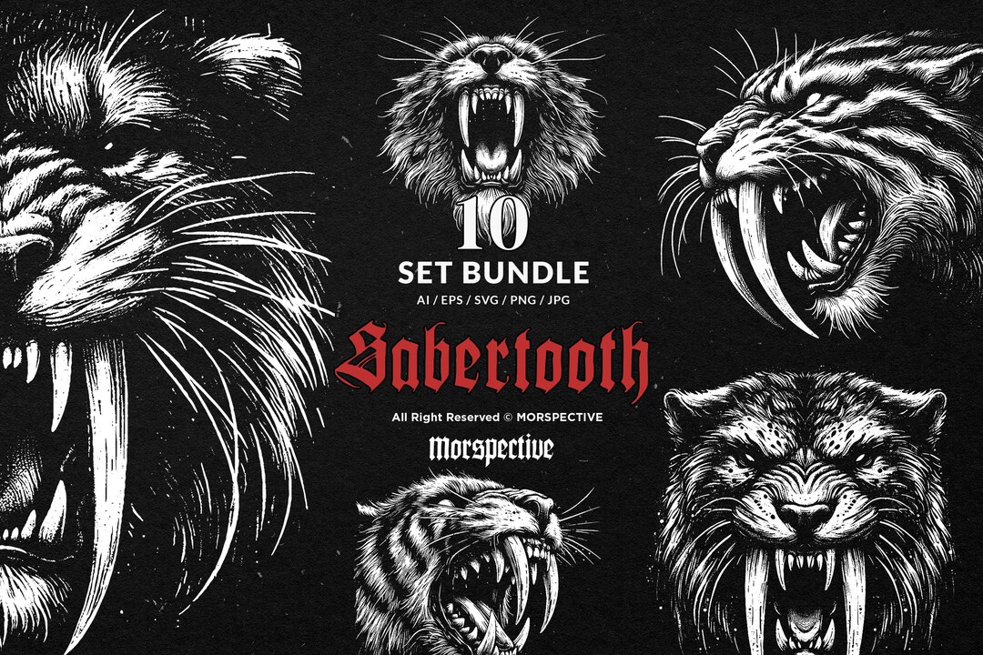 10 Bundle Dark Art Sabertooth Ancient Tiger Cat Fangs Beast Hand Drawn ...