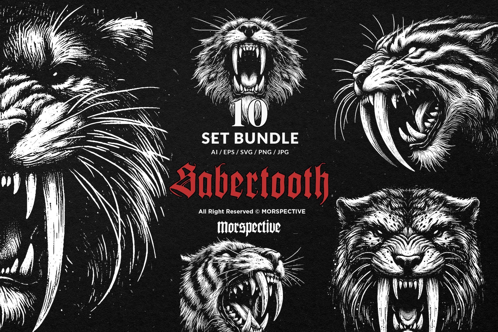 10 Bundle Dark Art Sabertooth Ancient Tiger Cat Fangs Beast Hand Drawn ...