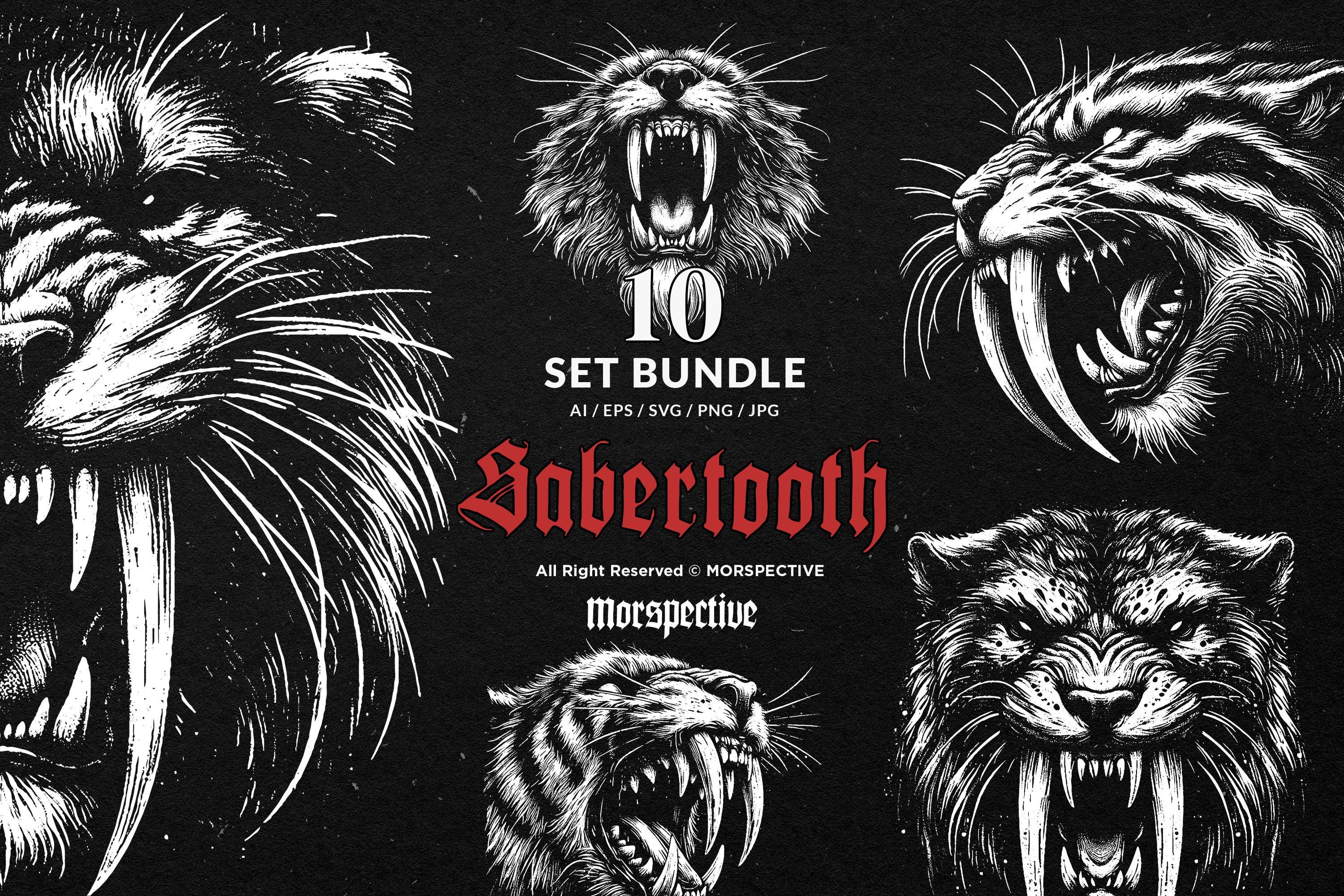 10 Bundle Dark Art Sabertooth Ancient Tiger Cat Fangs Beast Hand Drawn ...