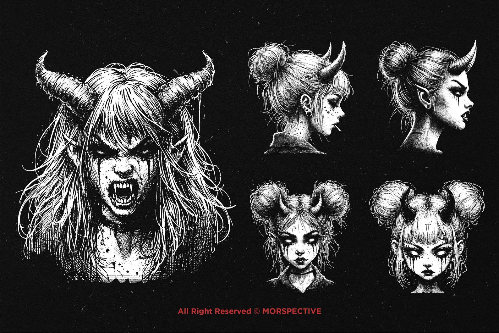 10 Bundle Dark Art Devil Girl Kids Demon Woman Face Hell Tattoo Clipart ...
