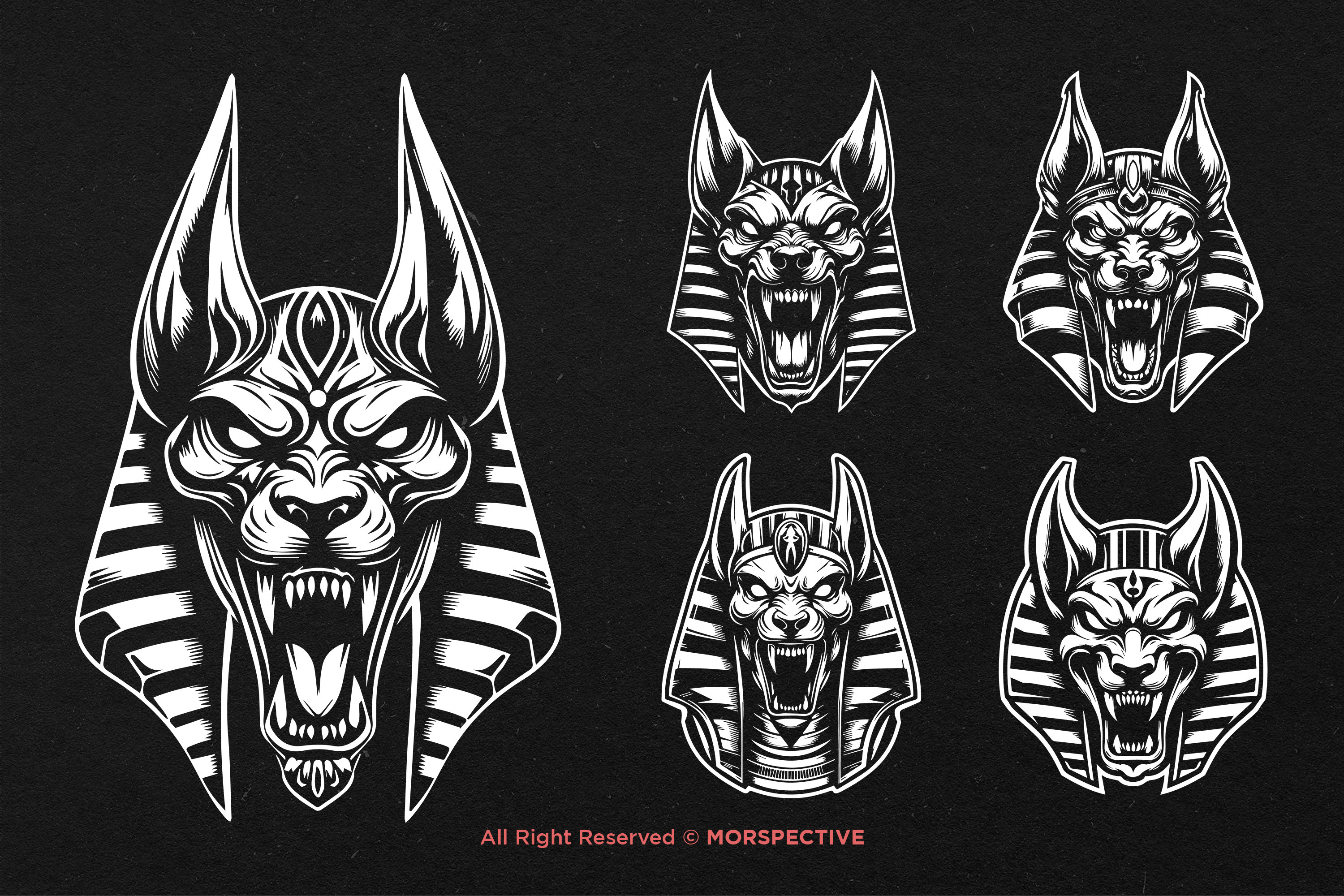 10 Bundle Dark Art Angry Anubis Head Black and White Illustration ...