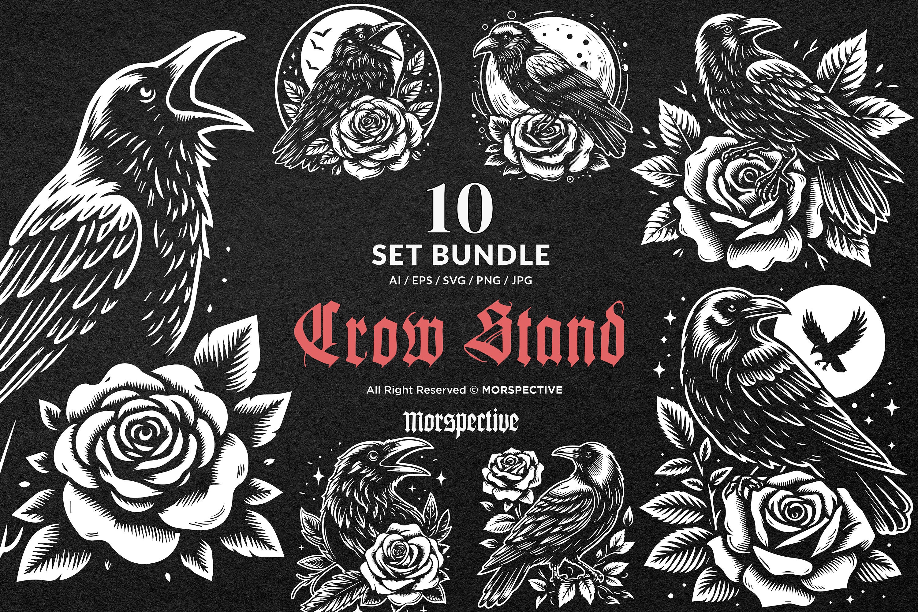 10 Bundle Dark Art Crow Raven Stand With Rose Flower Grunge Tattoo ...
