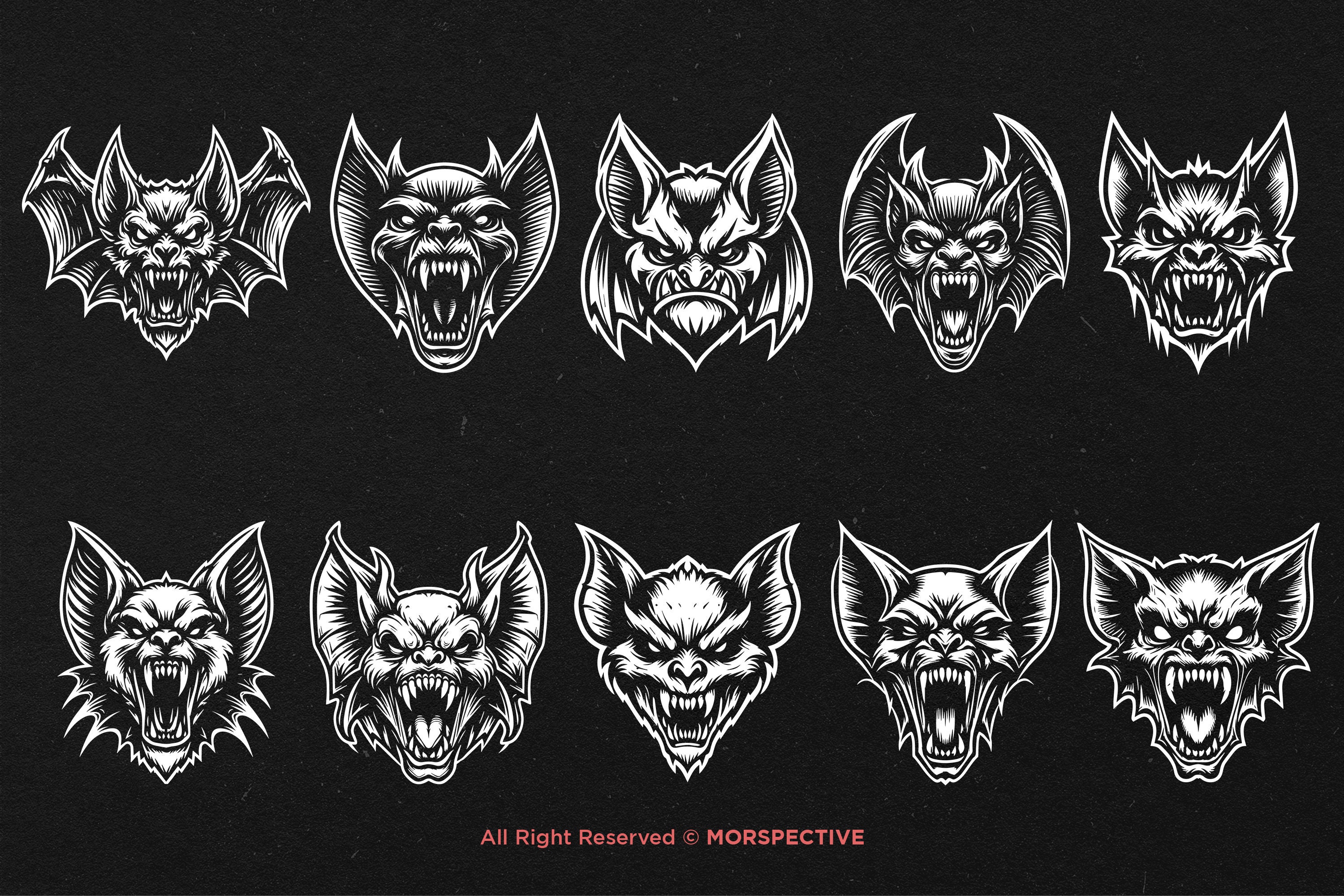 10 Bundle Dark Art Angry Beast Bat Head Black and White Illustration ...