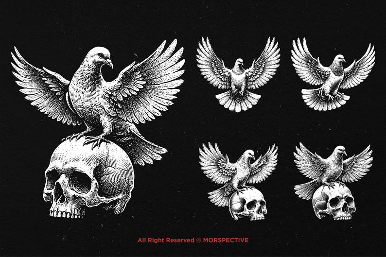 10 Bundle Dark Art Dove Standing on Skull Gothic Horror Pigeon Bird ...
