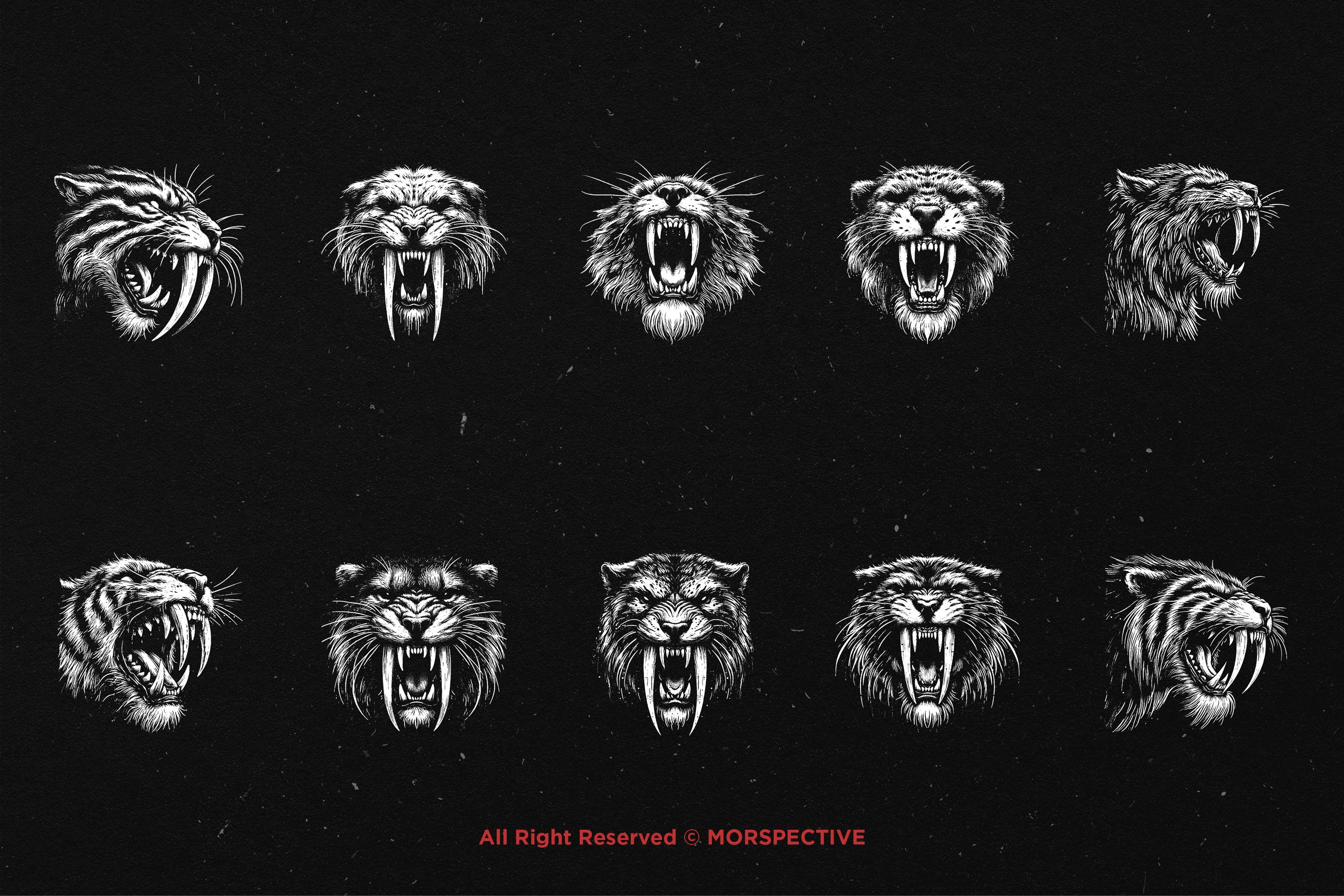 10 Bundle Dark Art Sabertooth Ancient Tiger Cat Fangs Beast Hand Drawn ...