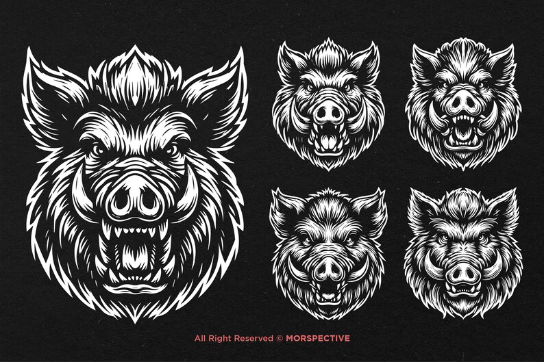10 Bundle Dark Art Scary Wild Boar Head Black and White Illustration ...