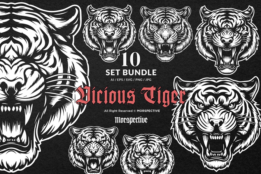 10 Bundle Dark Art Vicious Beast Tiger Head Black White Illustration ...