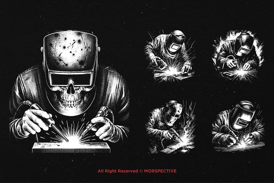 10 Bundle Dark Art Skull Welder Fire Iron Worker Devil Hand Drawn ...