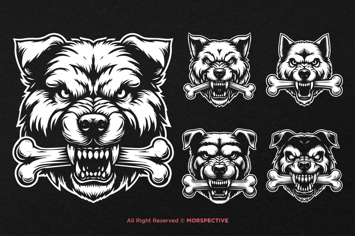10 Bundle Dark Art Angry Dog Bites Bone Head Black and White Tattoo ...