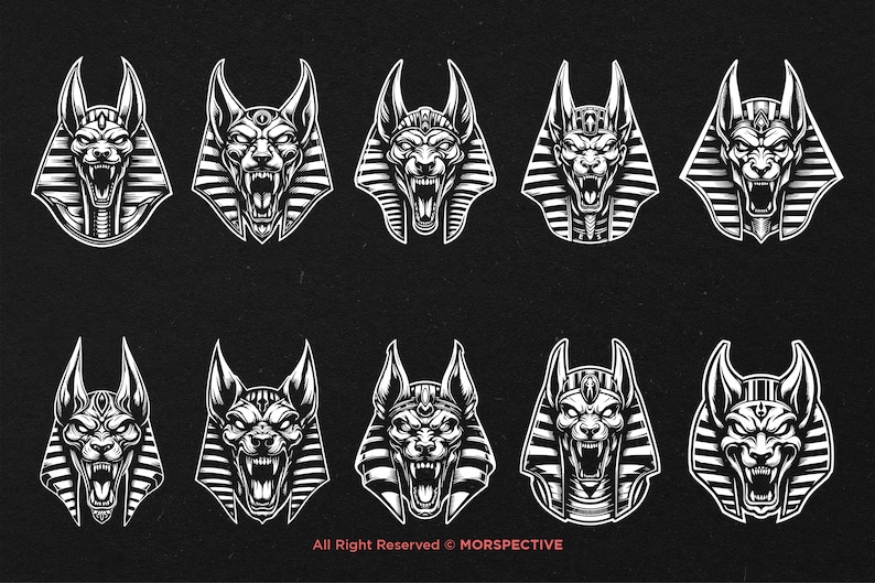 10 Bundle Dark Art Angry Anubis Head Black and White Illustration ...