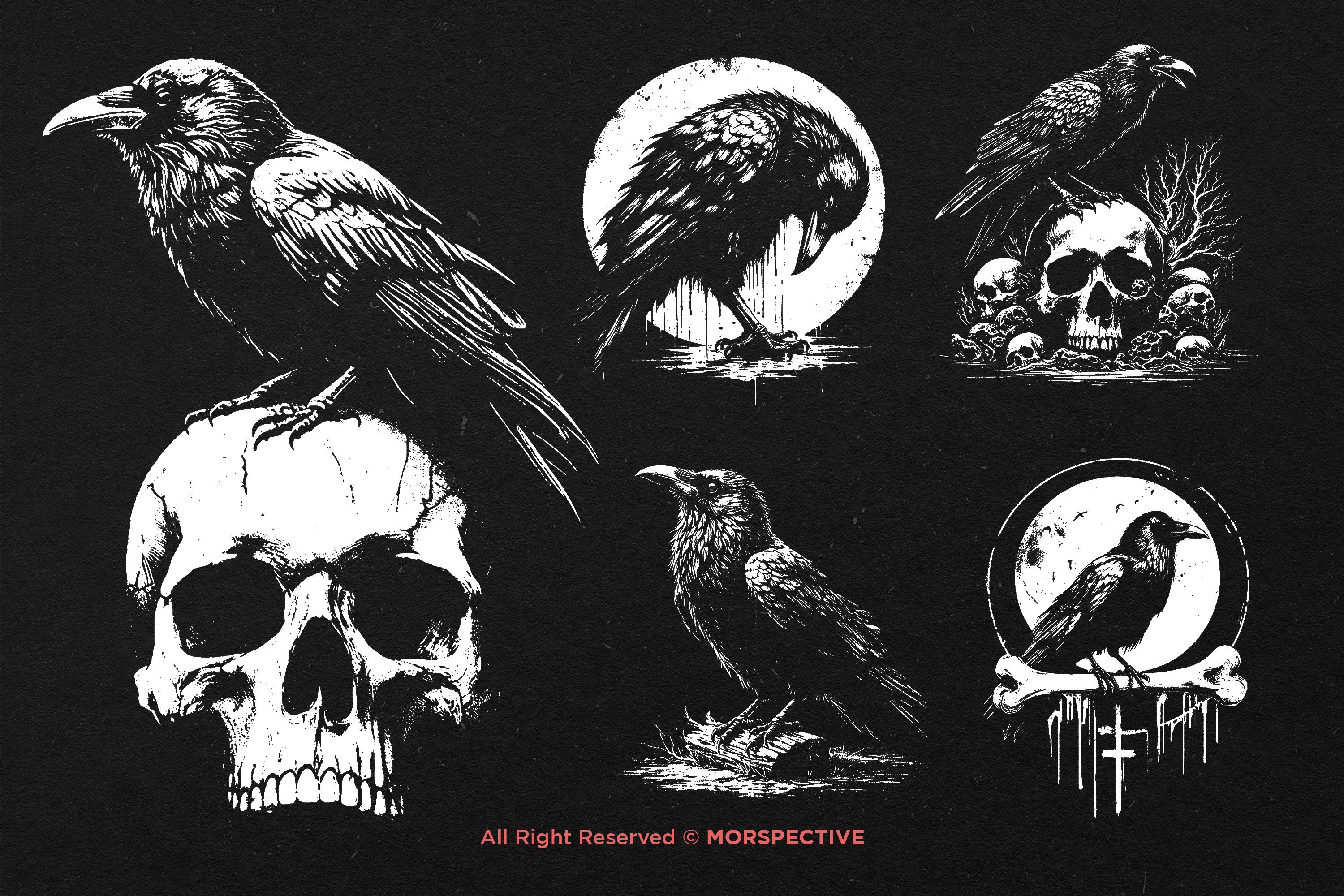 10 Bundle Dark Art Crows Raven Bird With Skull Bones Vintage Old School Tattoo Clipart Digital ...