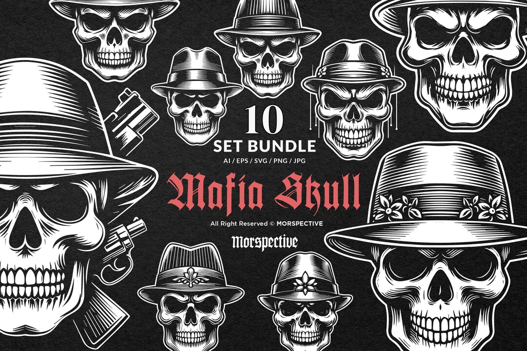 10 Bundle Dark Art Mafia Skull Head With Hat Black and White Art Tattoo ...